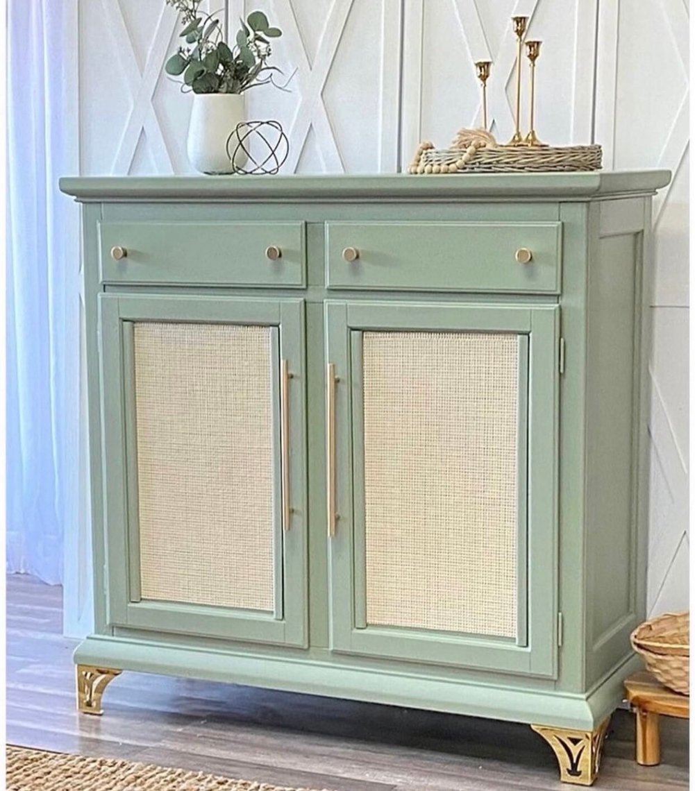 Beautiful Sage Green Cabinet Entry Table Storage Rattan Decorated Doors Sue s Vintage Creations Chino CA