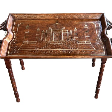 Anglo Indian Butlers-style Brass Inlaid Wooden Tray Depicting the Taj ...