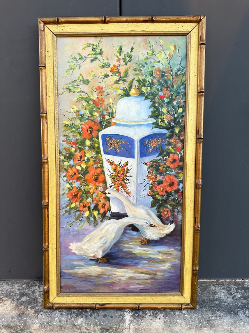 Framed and Signed Chinoiserie Painting in Faux Bamboo Frame | Prima ...