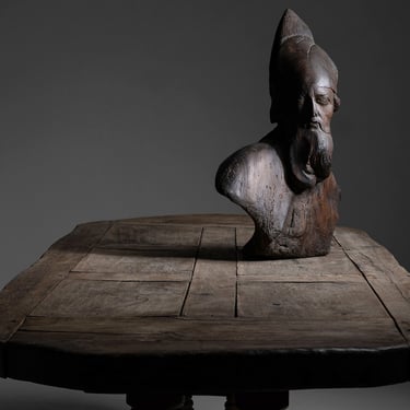 Carved Wooden Bishop / Oval Trestle Table | Obsolete | Culver City, CA