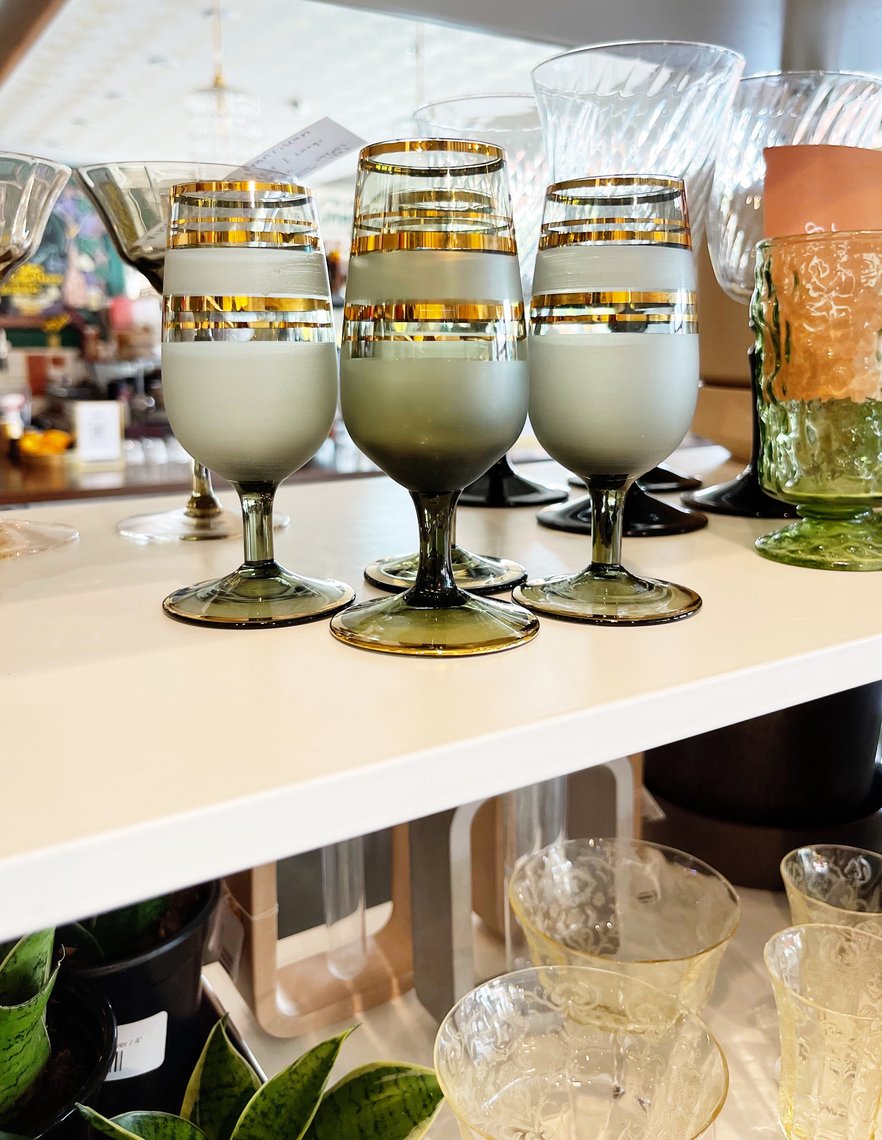 Vintage MCM Frosted Black Cordial Glasses with Gold Trim | Jungle and ...