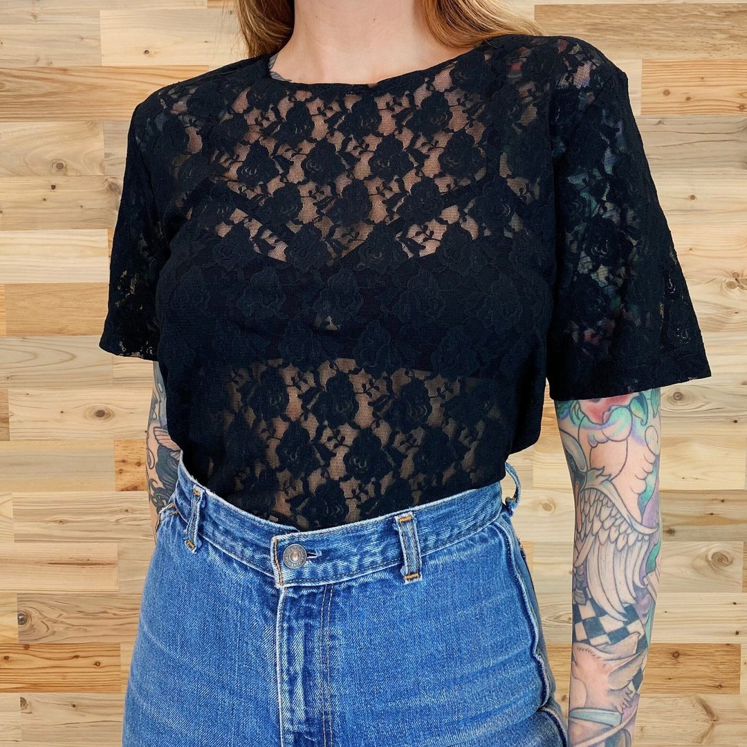 Sheer 90's Black Floral Lace Blouse | Noteworthy Garments | Atlanta, GA