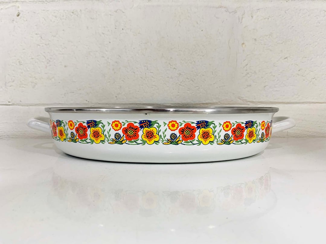 Vintage Flower Power Enamel Cookware Casserole Servers Pan Floral ...