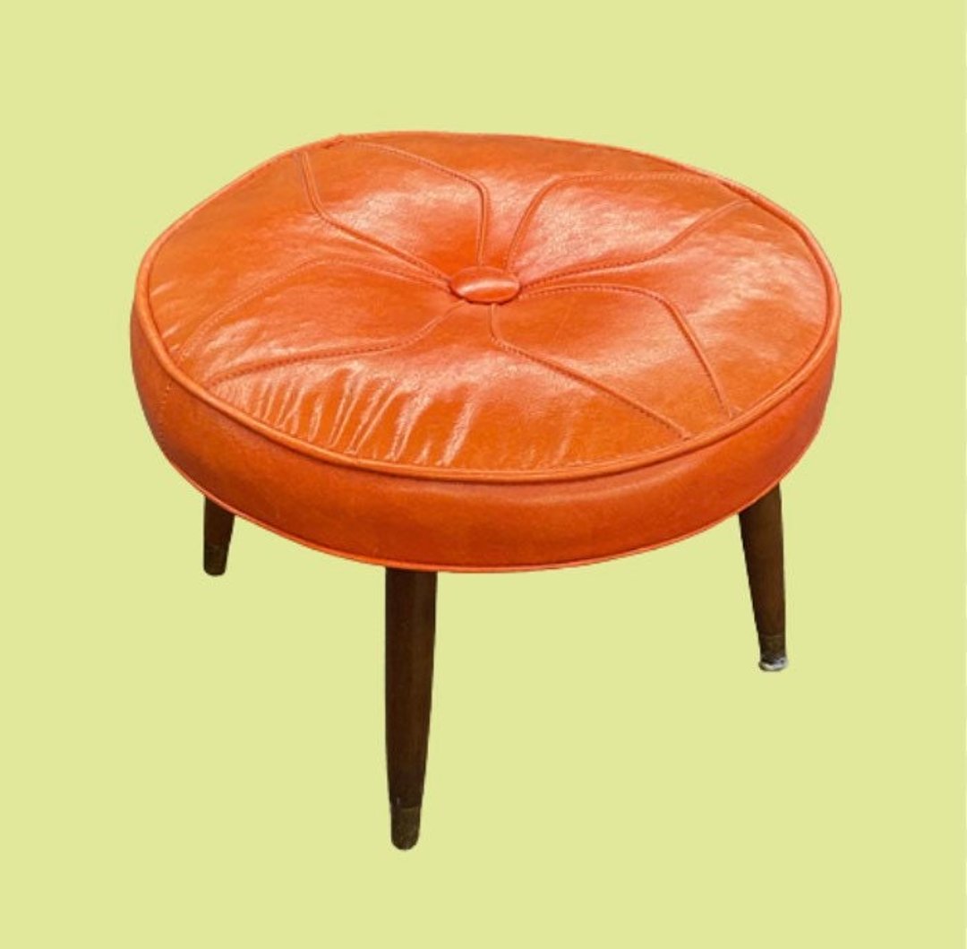 Vintage Ottoman Retro 1960s Mid Century Modern + Orange Vinyl + Round ...
