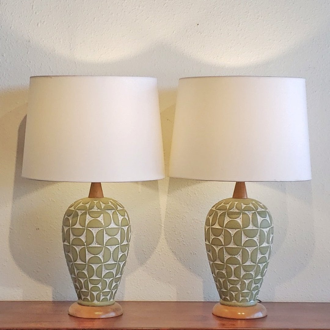 1960s SCULPTED GEOMETRIC RELIEF TABLE LAMPS | Modern Redux | Austin, TX