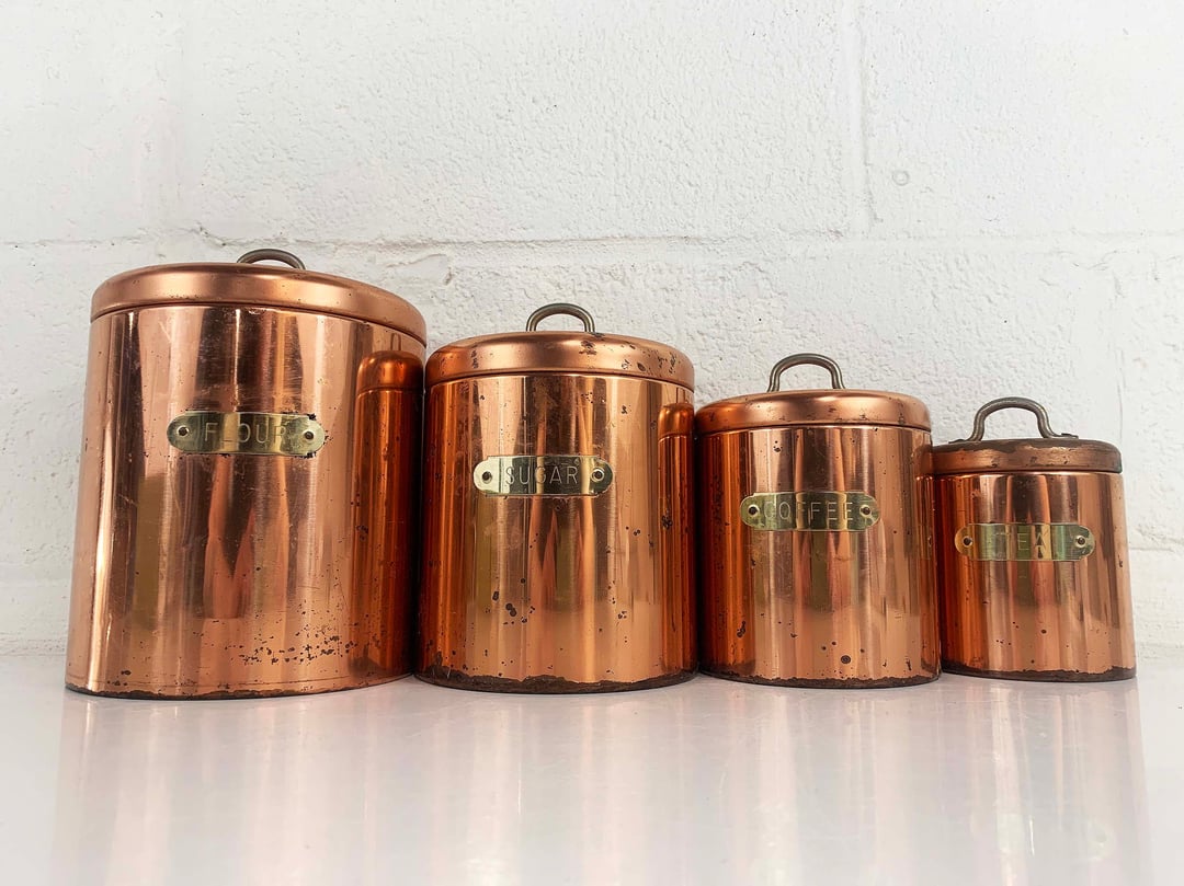 Vintage Canisters Set of 4 Copper Brass Flour Sugar Coffee Tea | Check ...