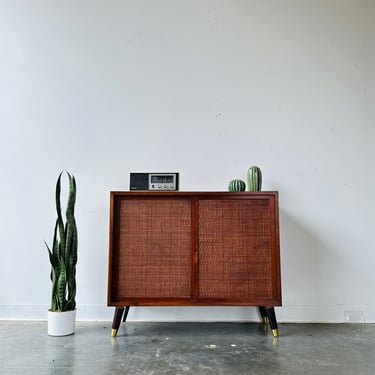 Walnut and rattan record bar cabinet | Modage Furniture - Sayreville ...