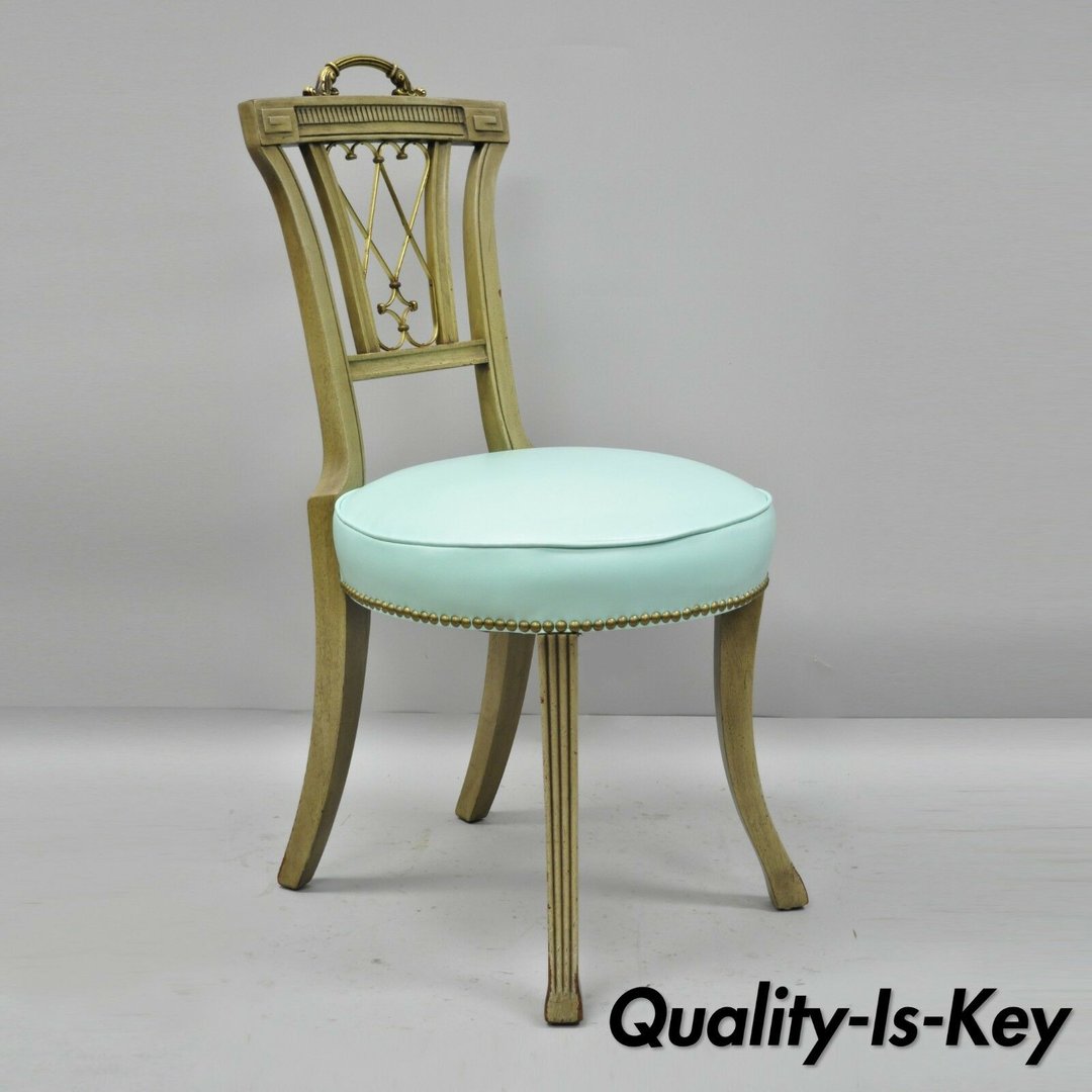 Carved Mahogany French Regency Style Chair w/ Brass Handle & Aqua ...