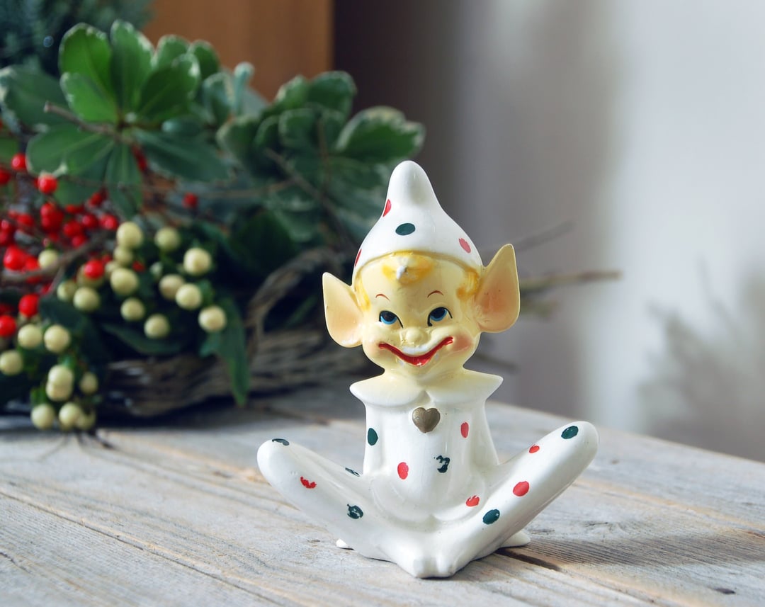 Vintage polka dot elf figurine / spotted Japanese ceramic elf statue ...