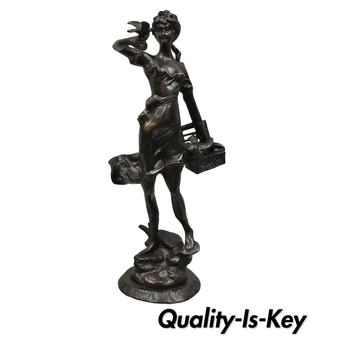 Bronze Sculpture Woman w/ Birds & Basket 15" Statue Figure After Emile ...
