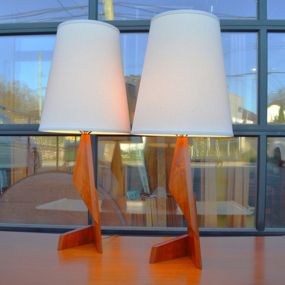 Two Iconic Teak Architectural Zig Zag Table Lamps w/ New | Mid-Century ...