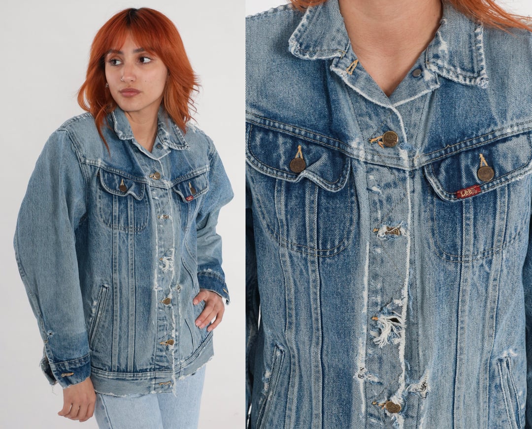 80s Denim Jacket LEE Jean Jacket Distressed Ripped Jean Jacket | Shop ...