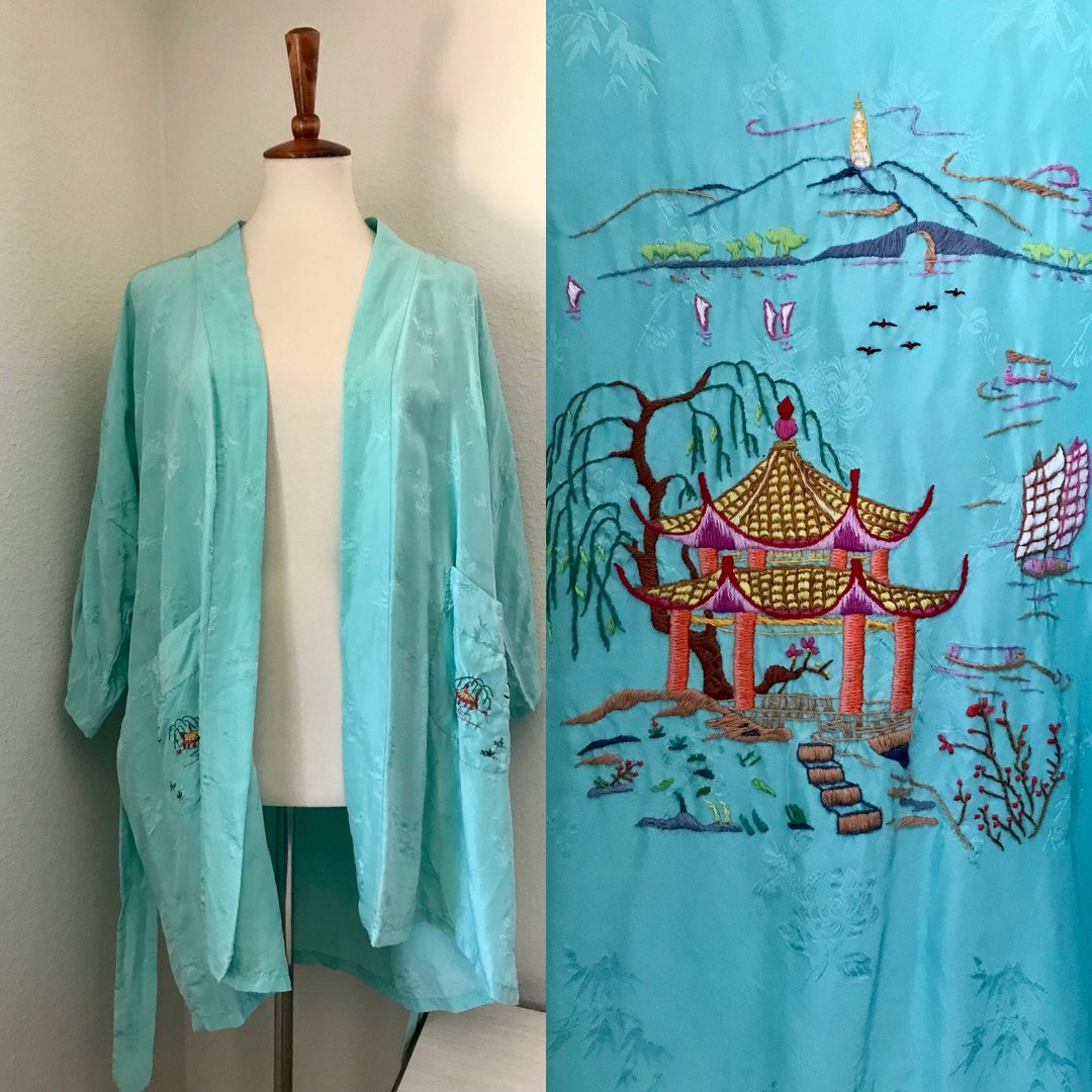 Vintage teal blue silk chinese robe with embroidered pagoda scene ...