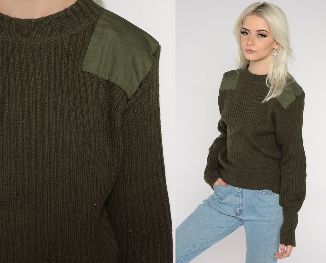 Wool Army Sweater Military Sweater 80s Knit Olive Drab Green | Shop ...
