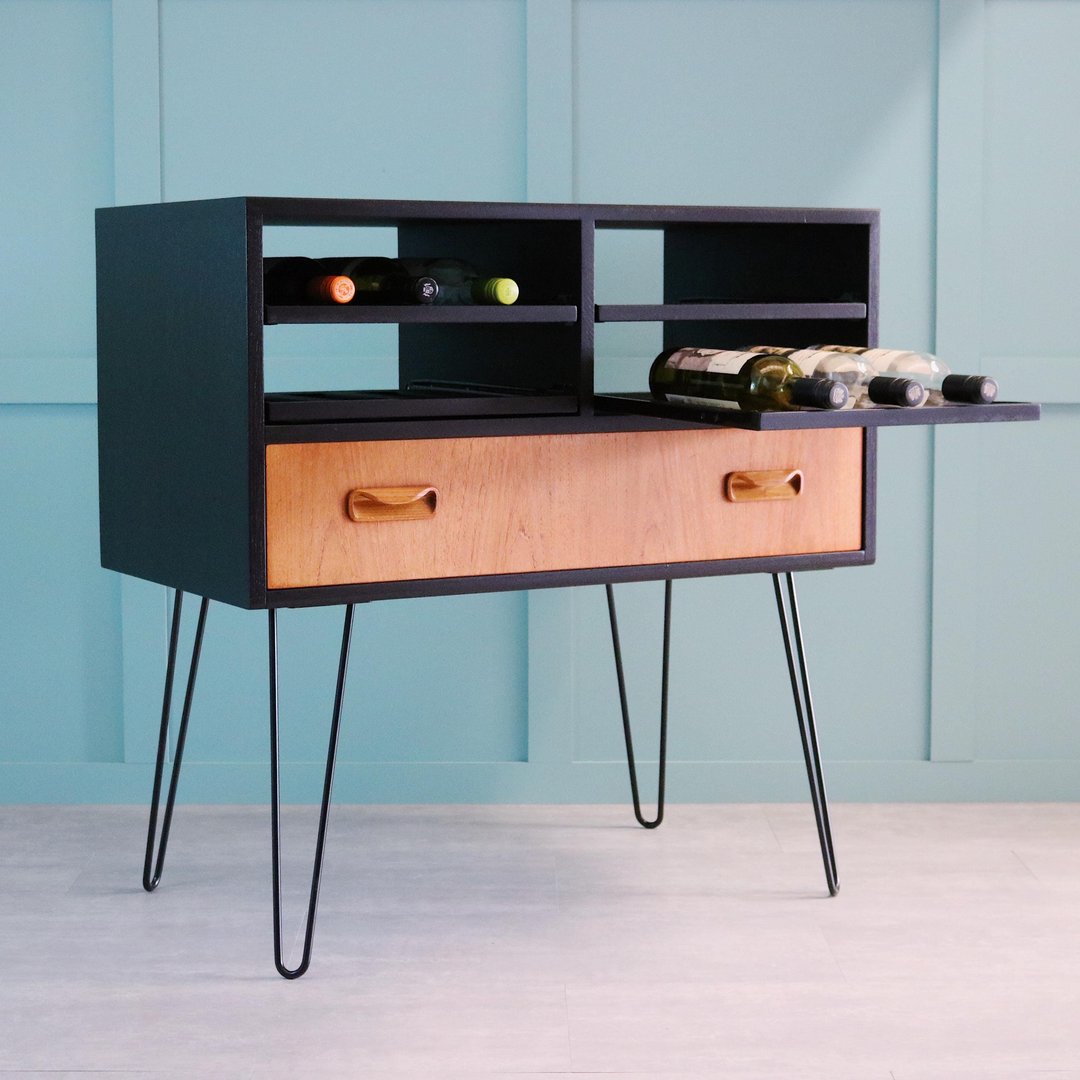 Mid Century Modern Mini Wine Bar in Black & Teak on | Remade Retro ...