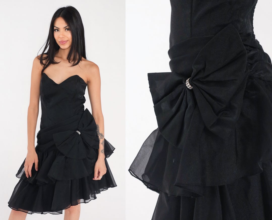 Black Party Dress 80s Strapless Prom Mini Dress Asymmetrical Tiered ...