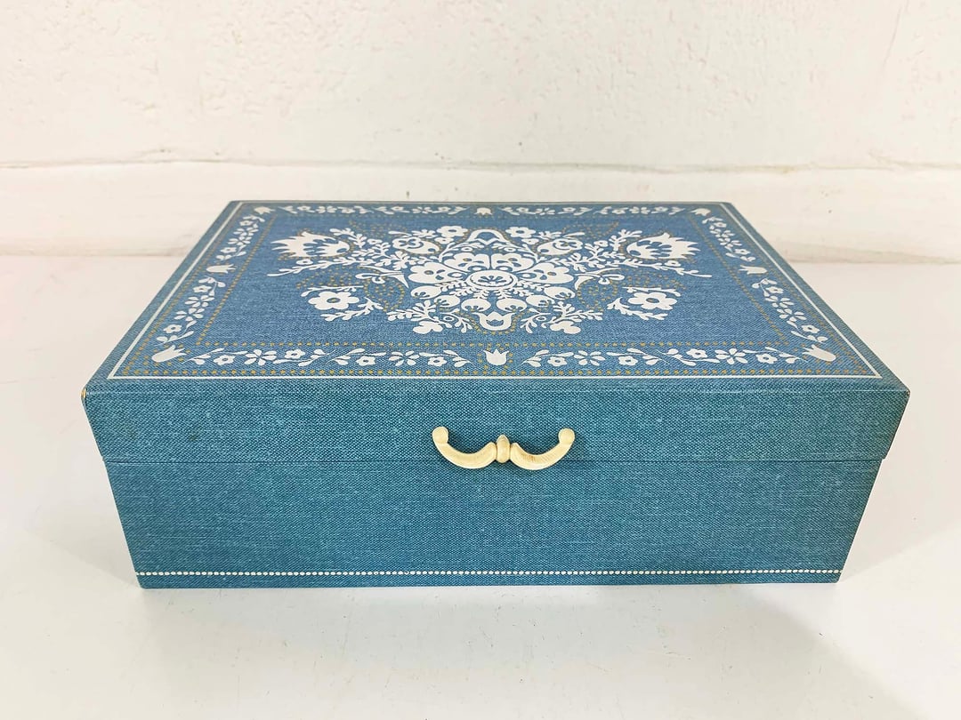 Vintage Blue Jewelry Box Faux Denim Velvet Lining Country Farmhouse ...