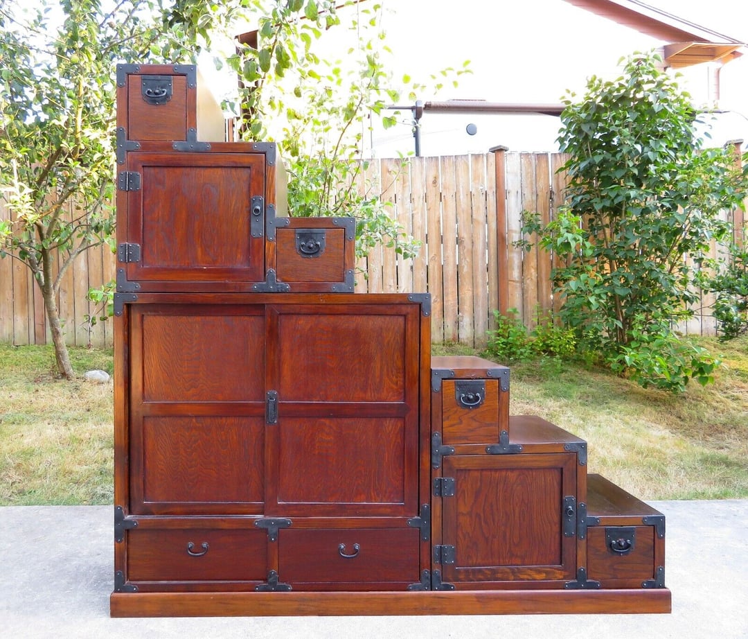Vintage JAPANESE STEP TANSU CABINET Staircase STORAGE CHEST CASE SHELF ...