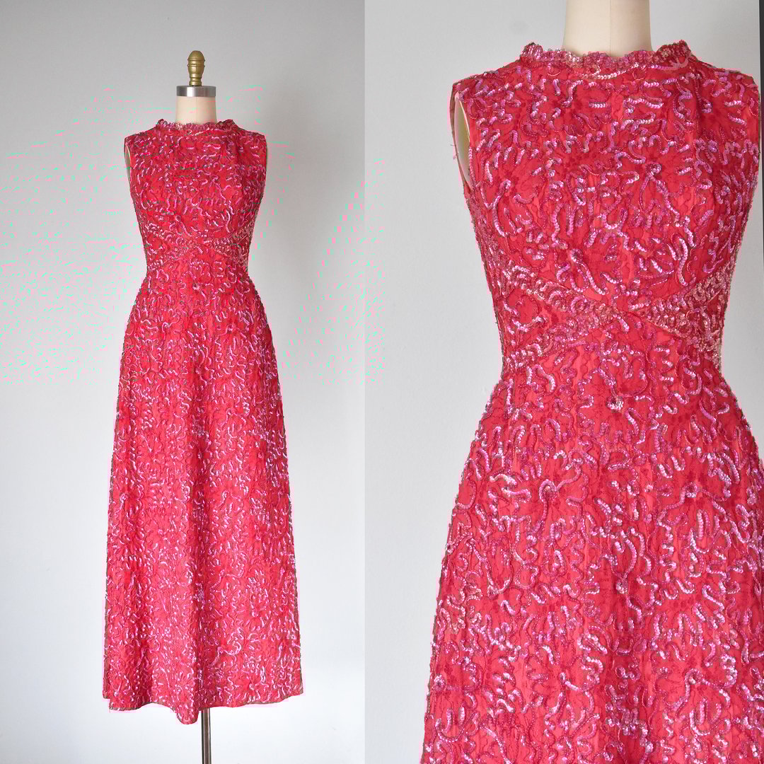 Peggy sequin 60s lace sequin evening gown, lace red dress, 1960 ...