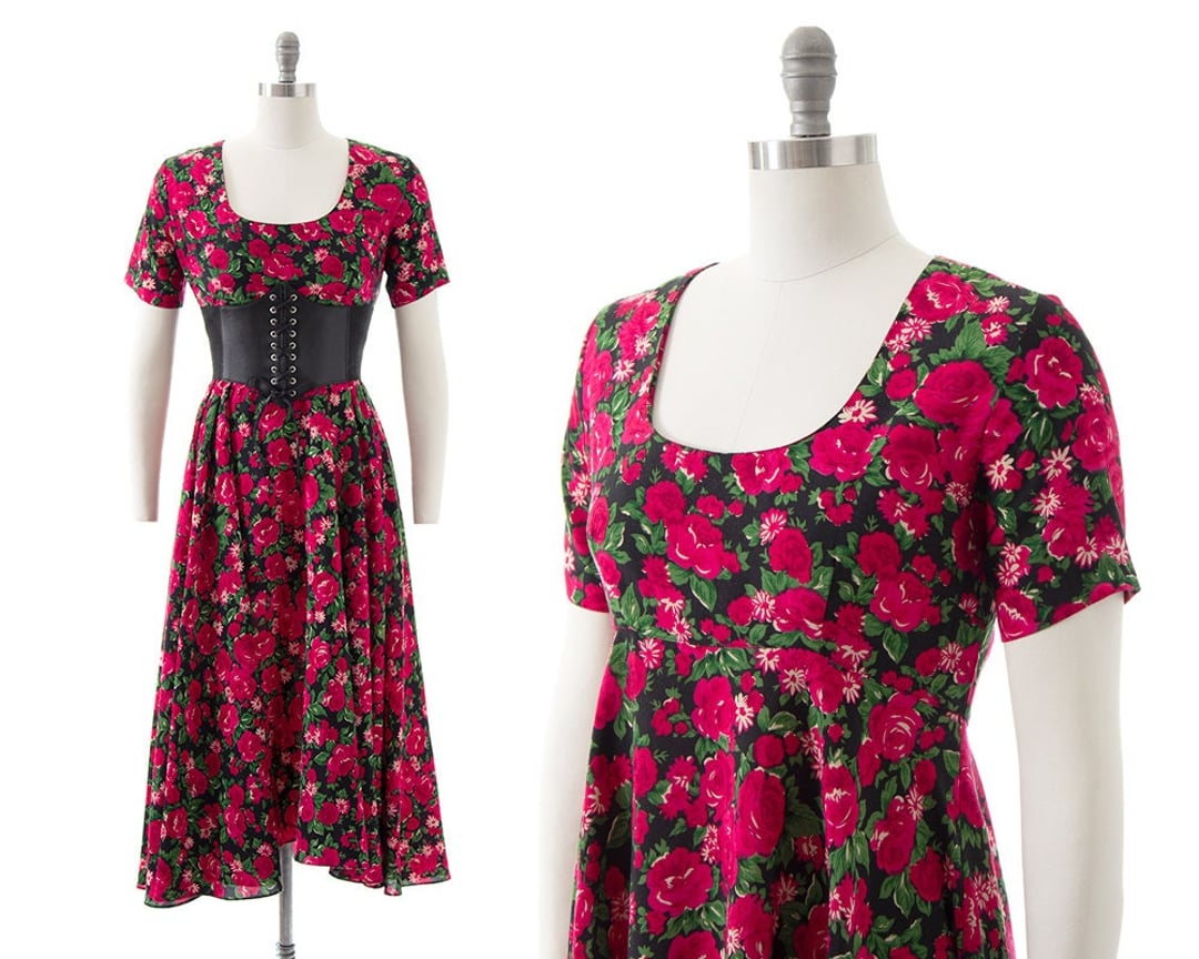 Vintage 1990s Dress | 90s Rose Floral Print Rayon Black Pink | Birthday ...