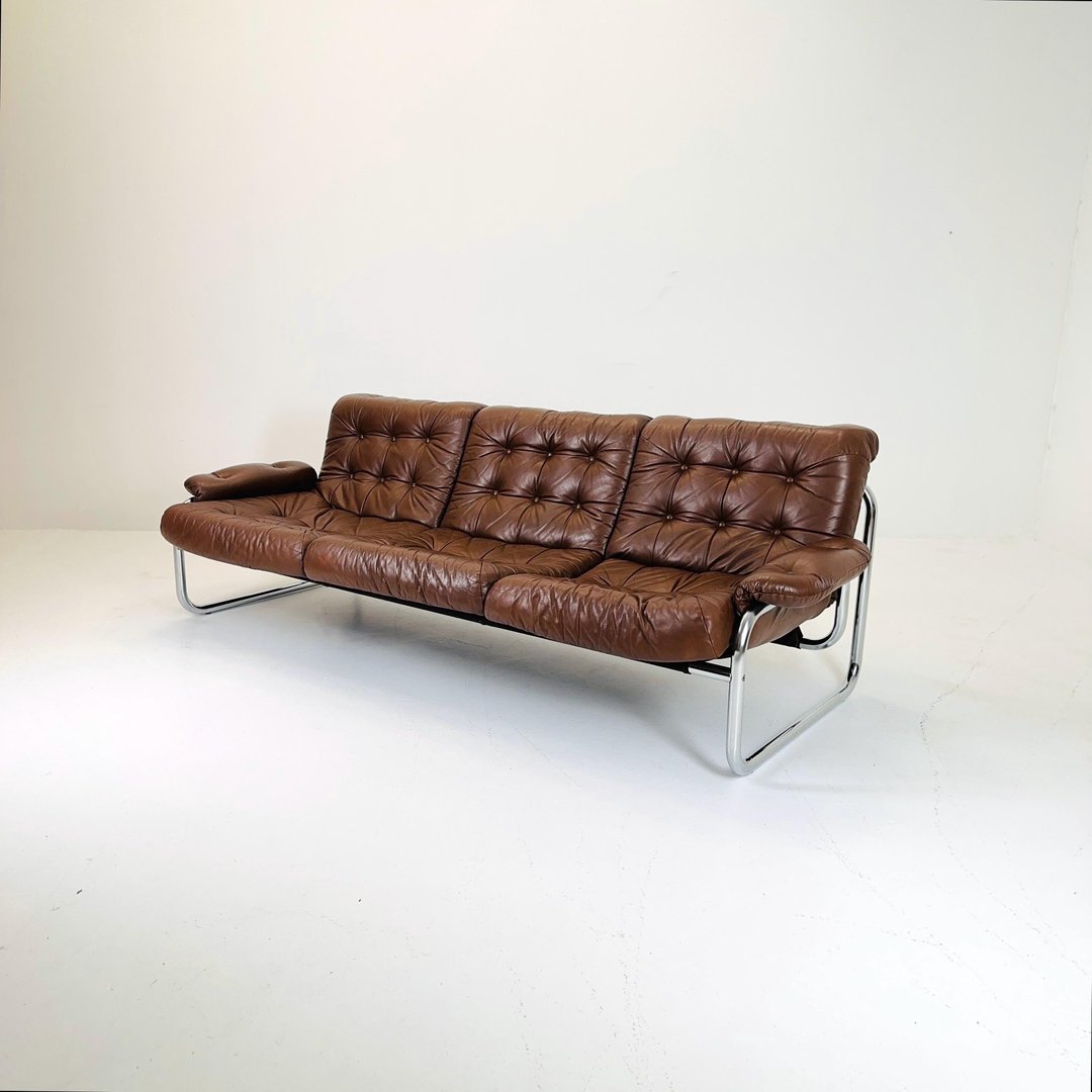 Mid century 3-Seater / tubular frame brown leather sofa "BORKUM" by ...
