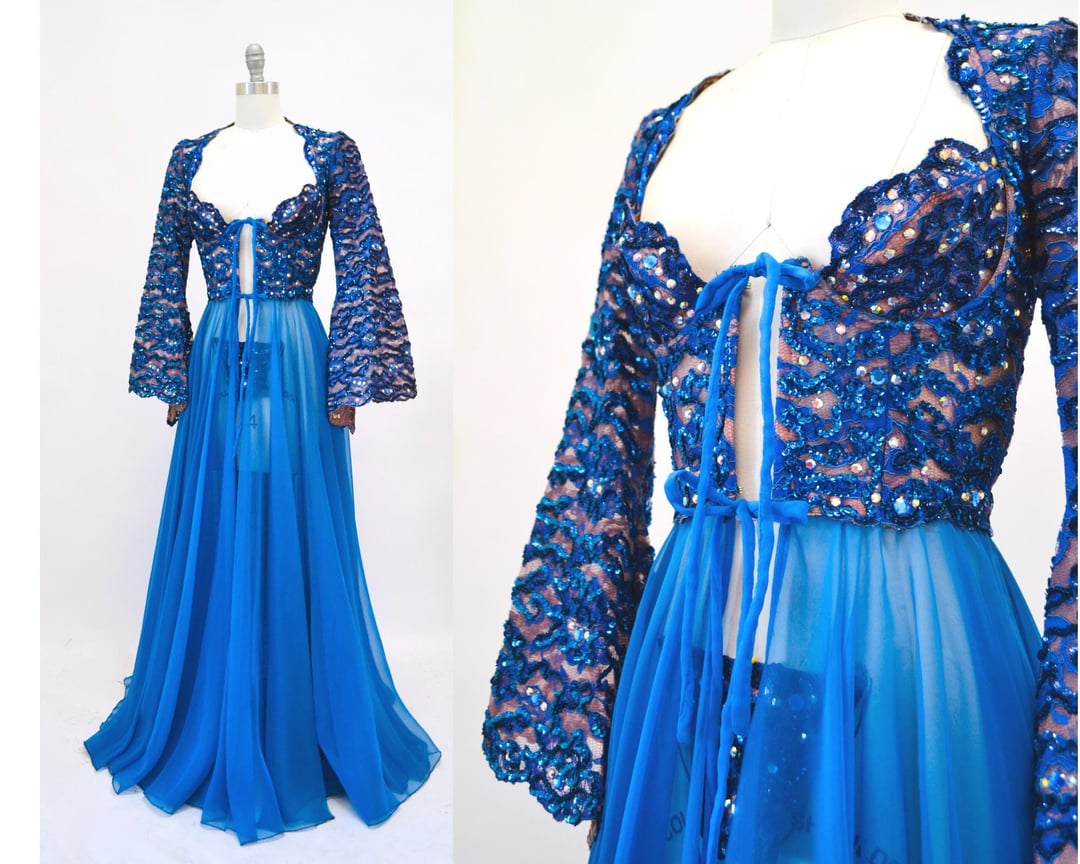 70s 80s Vintage Blue Burlesque Dancer Costume Sequin Peignoir Thong ...
