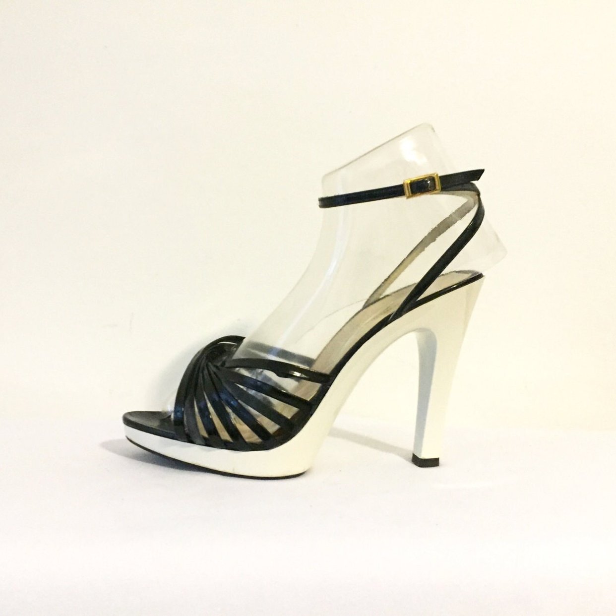 RARE 1970s Platform Disco Heels / White Lucite Black | Erratic Static Vintage - New York, NY | ATTIC