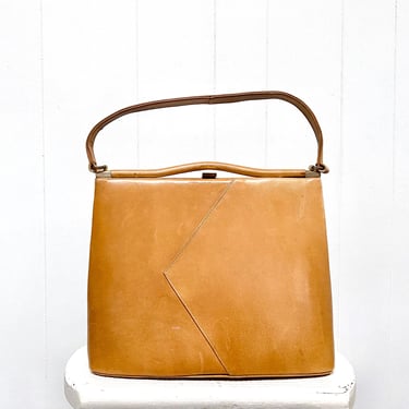 Vintage 1950s Camel Leather Handbag, Mid-Century Top Handle | Ranch ...